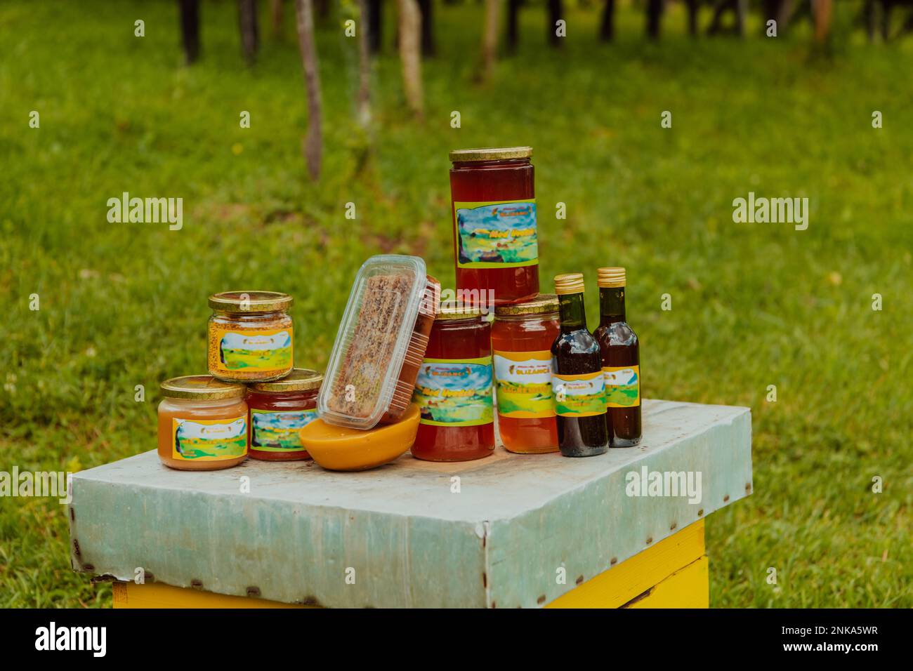 Natural honey products photographed at a honey farm. Pollen, honey and ...