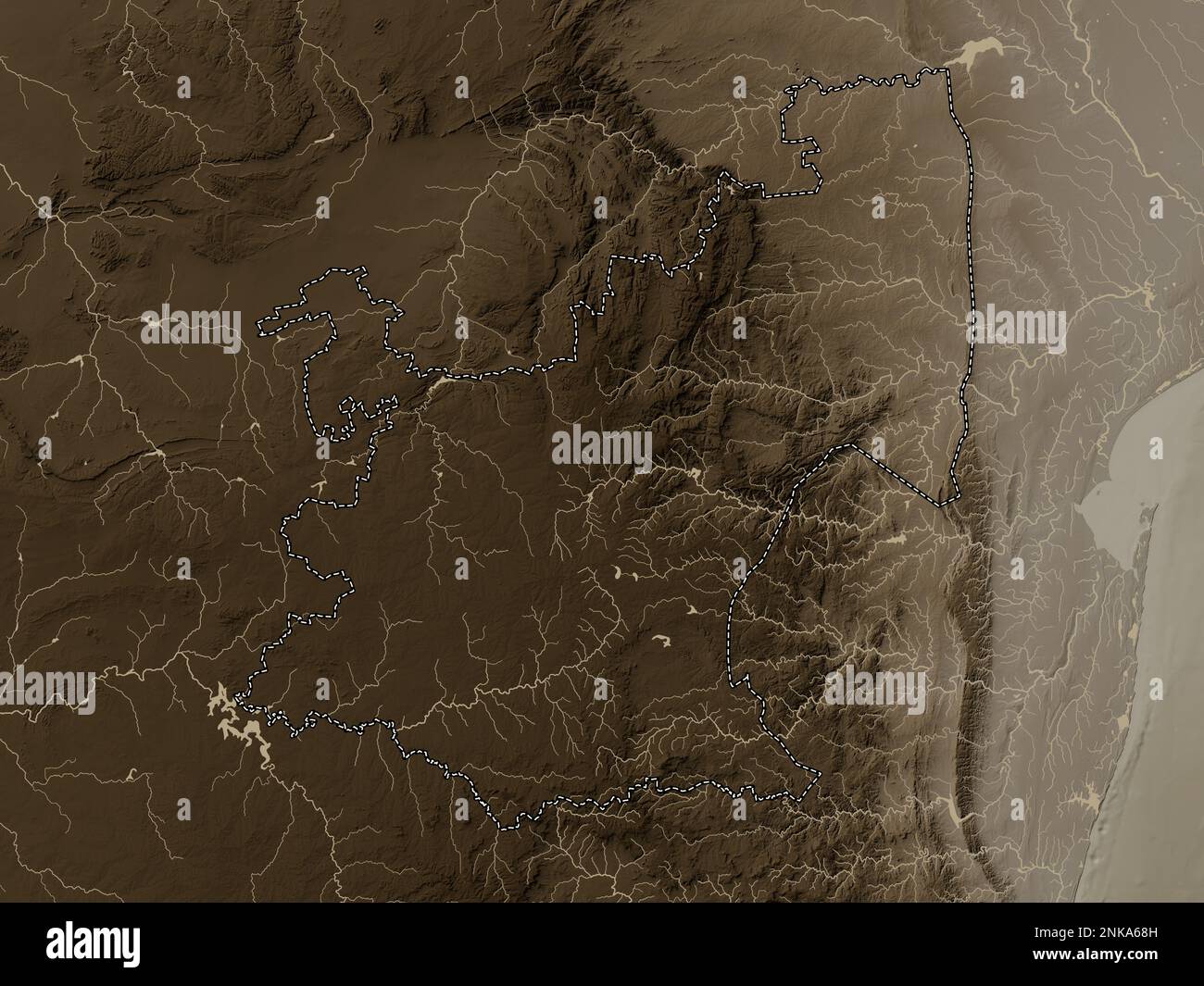 Mpumalanga, province of South Africa. Elevation map colored in sepia ...