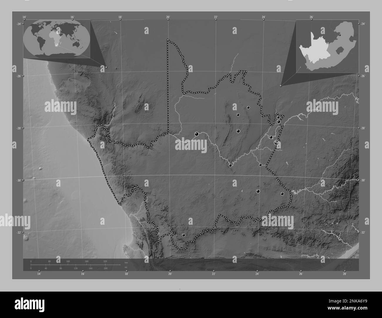 Northern Cape, province of South Africa. Grayscale elevation map with ...