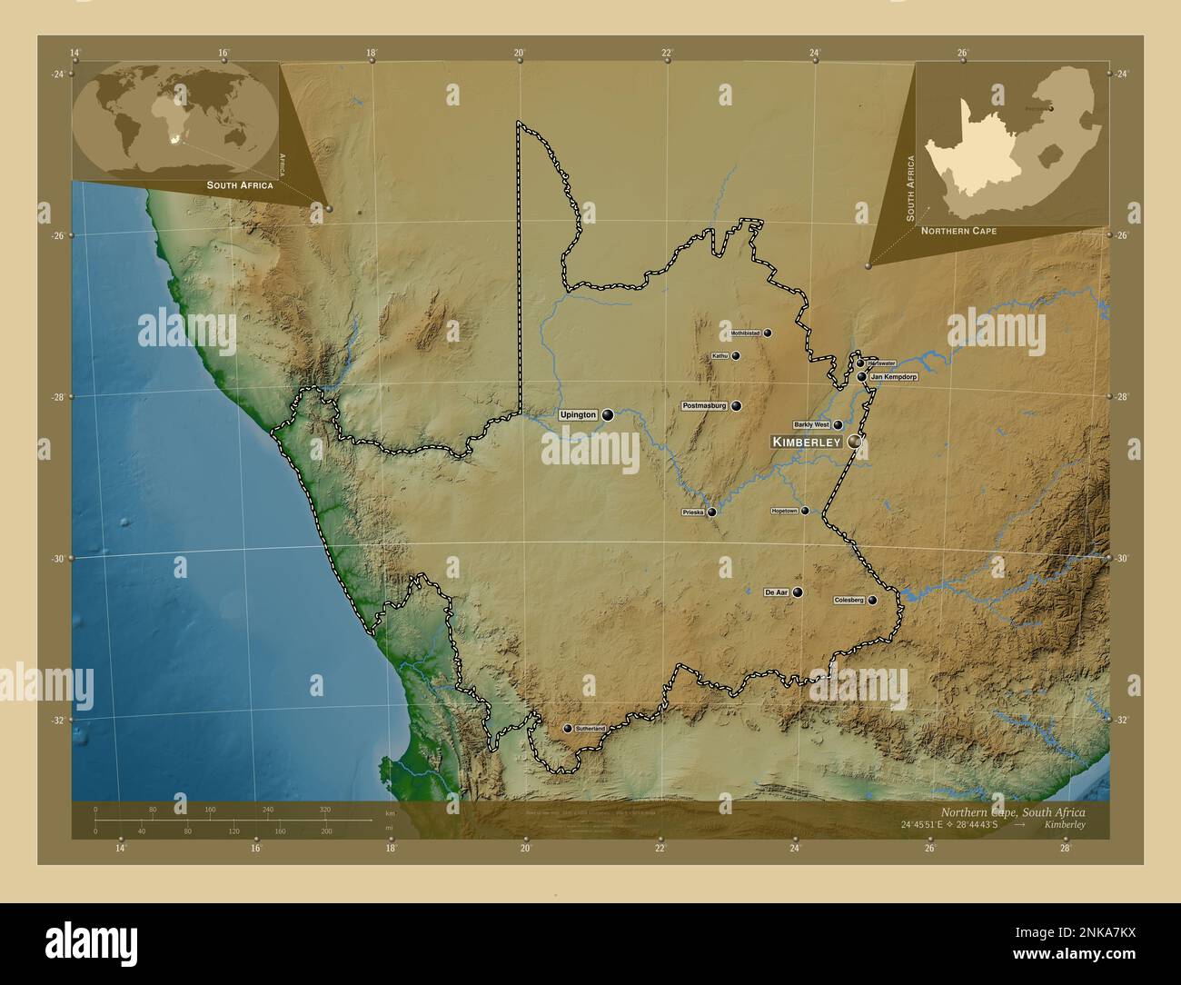 Northern Cape, province of South Africa. Colored elevation map with ...