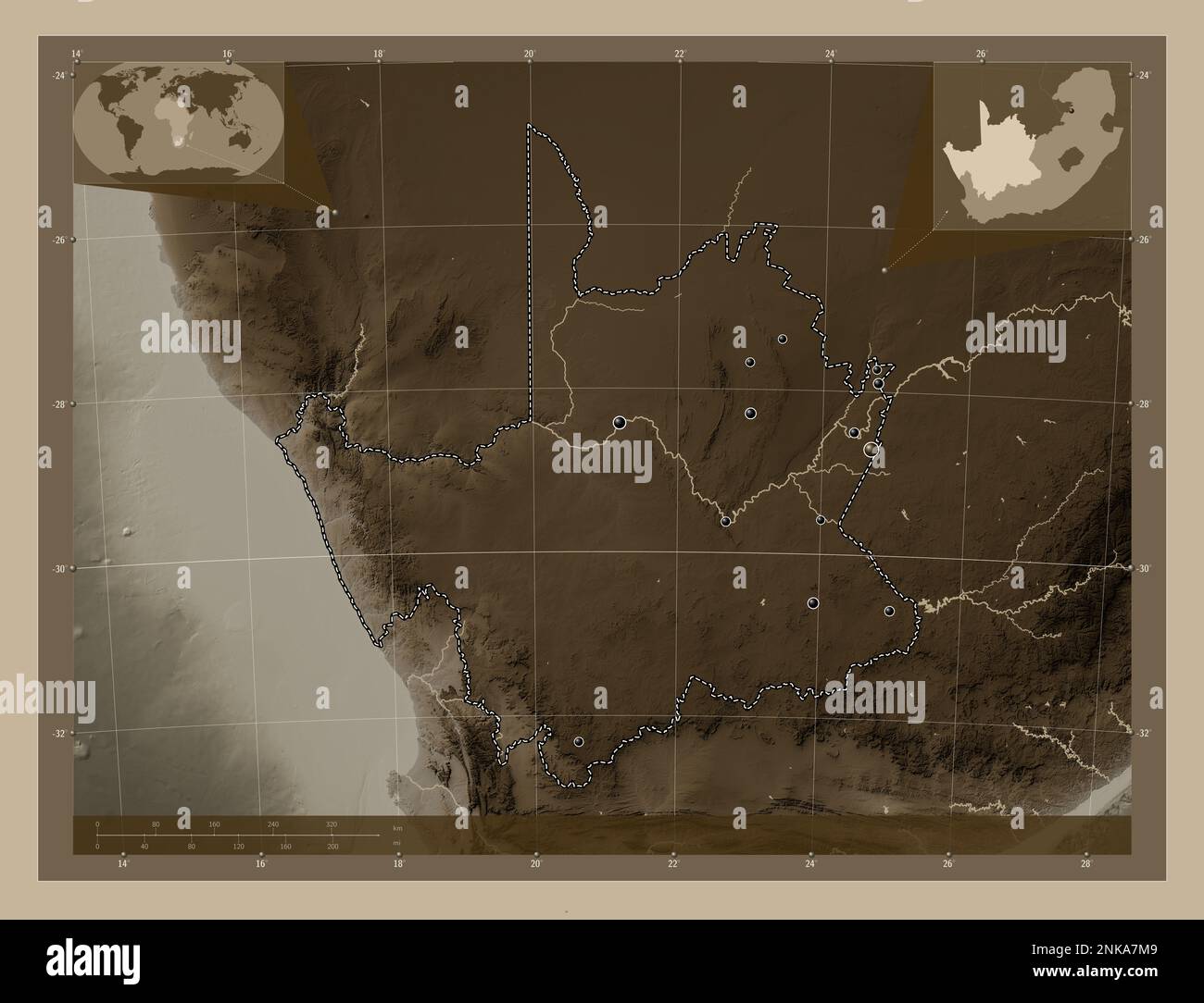 Northern Cape, province of South Africa. Elevation map colored in sepia ...