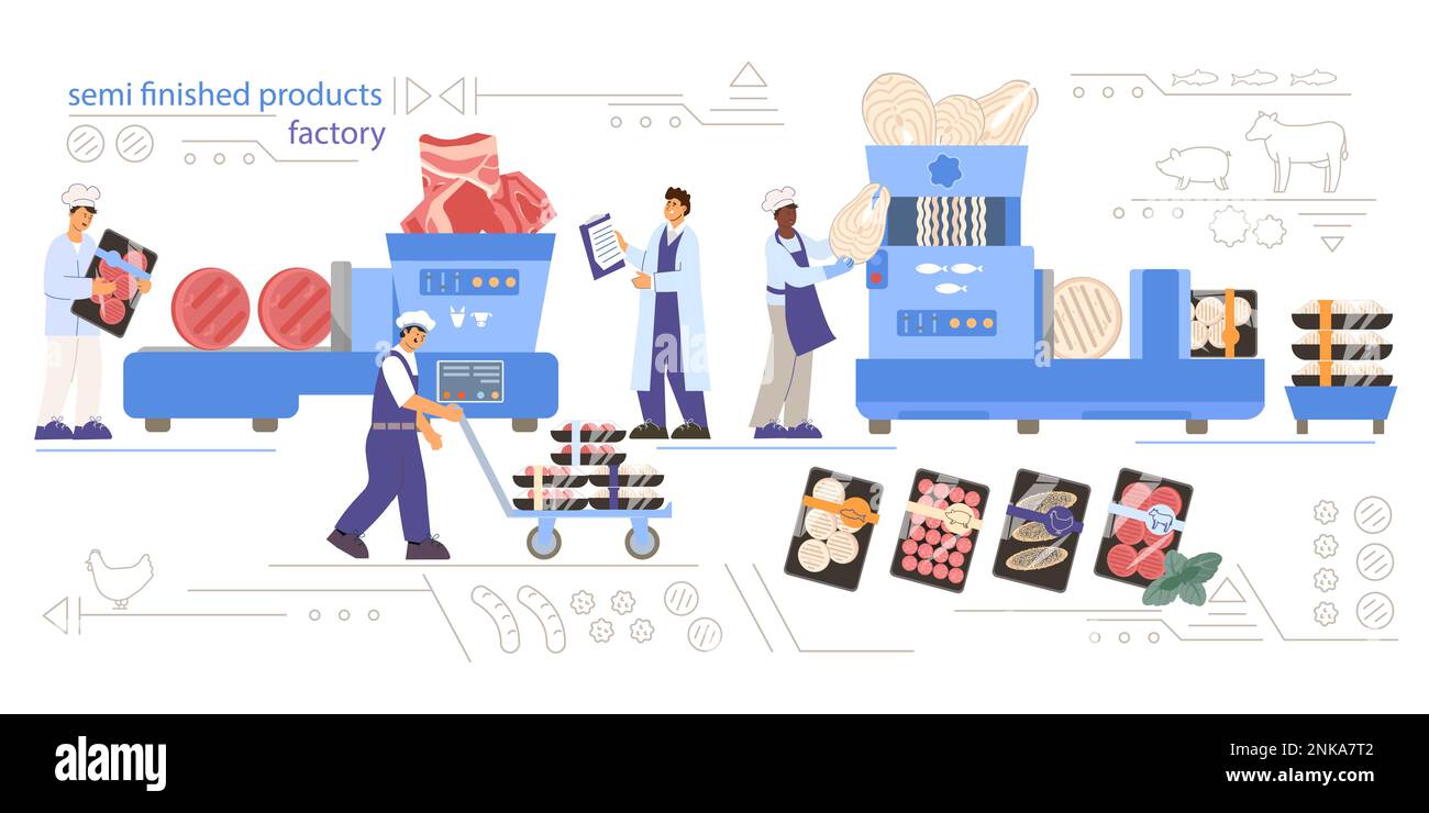 Semi finished products flat composition with text silhouettes of food ...