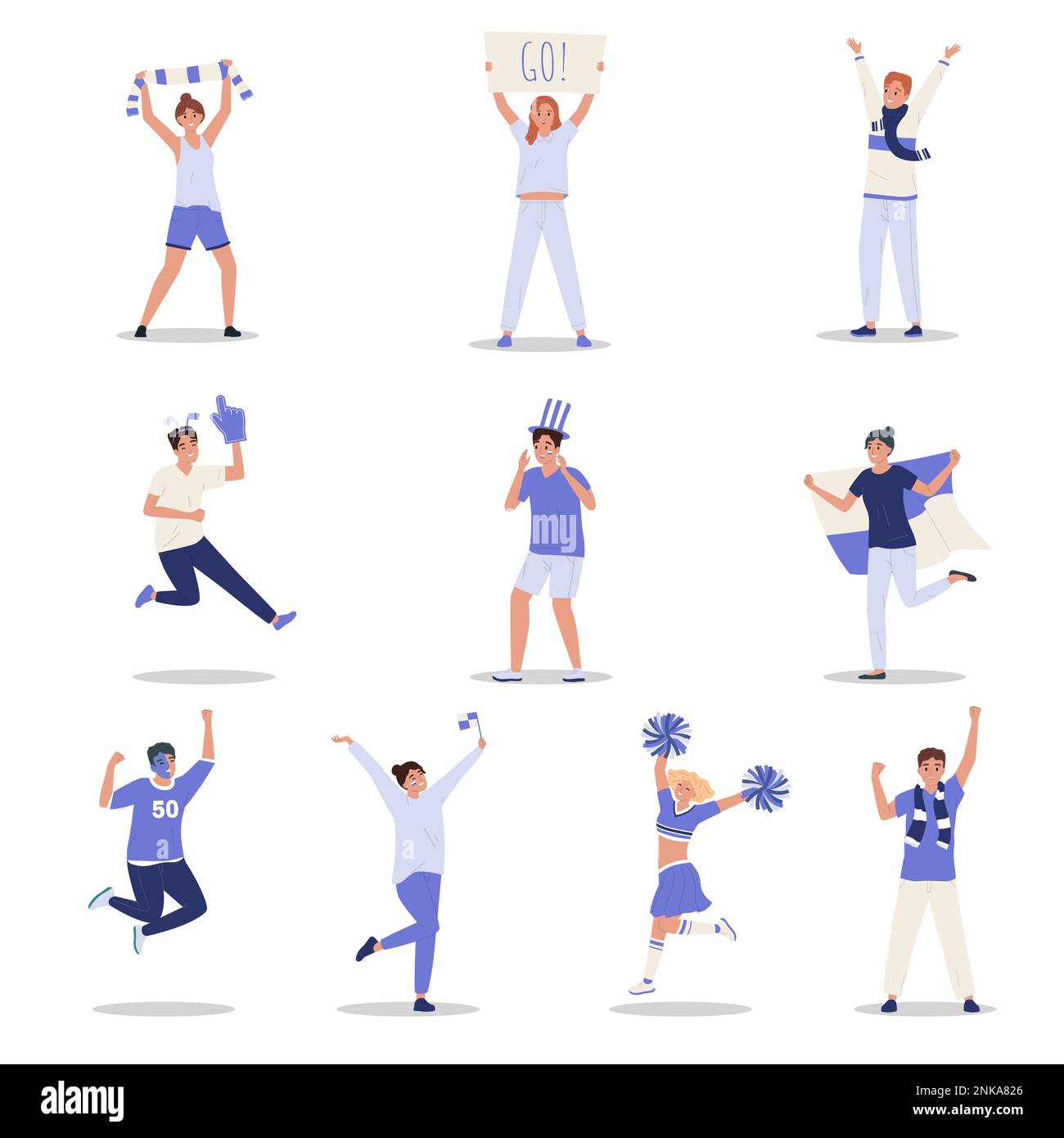 Sport fans and cheerleaders with pompons posters flags scarves flat ...