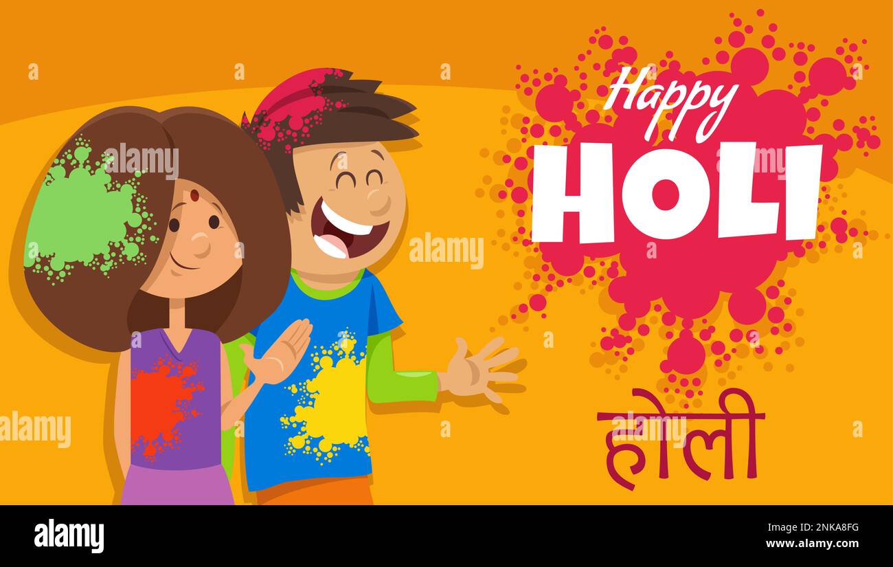 Cartoon illustration of Hindu Holi festival design with comic people ...