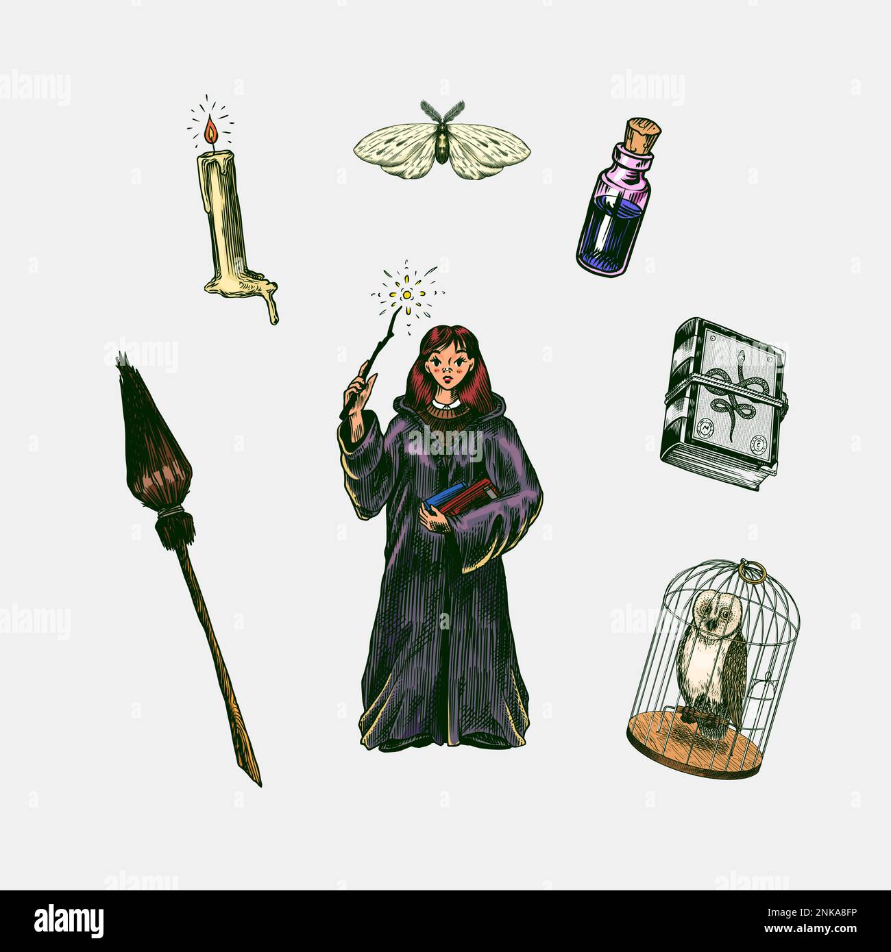 Witch brews a potion in a cauldron. Magic ball, book of spells, black ...