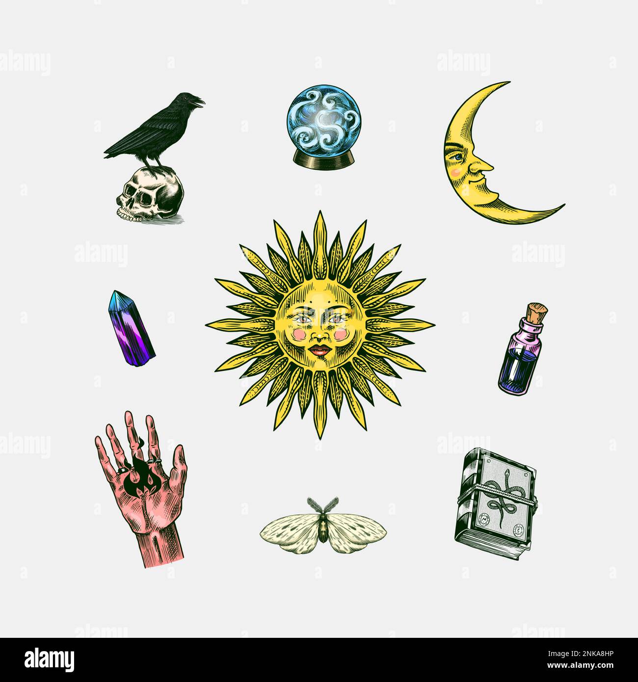 Sun and a Crescent moon with a face. Magic book of spells, black cat ...