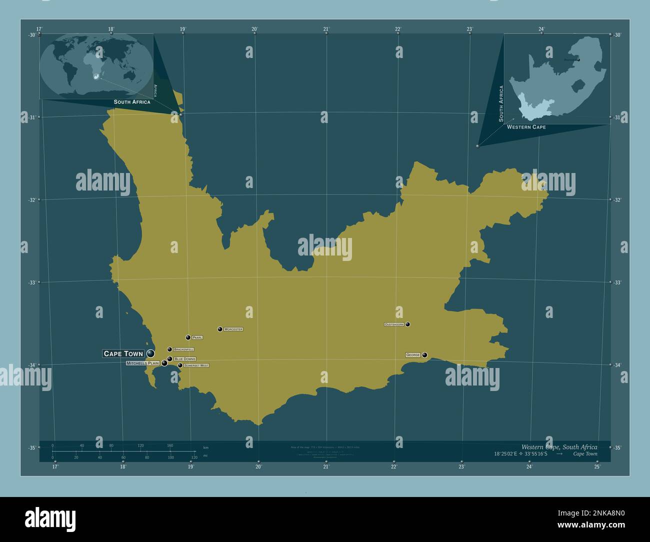 Western Cape, province of South Africa. Solid color shape. Locations ...