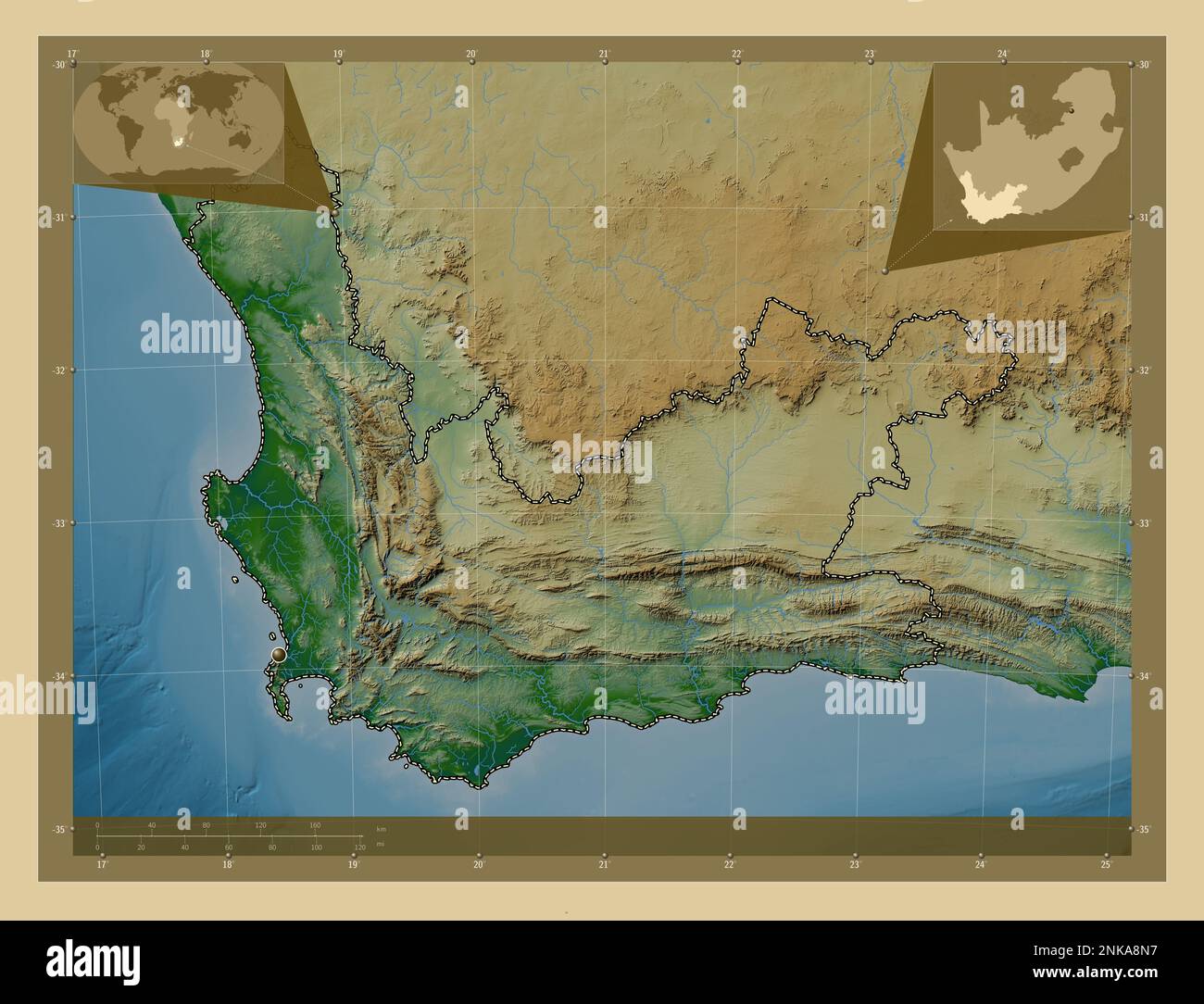 Western Cape, province of South Africa. Colored elevation map with ...