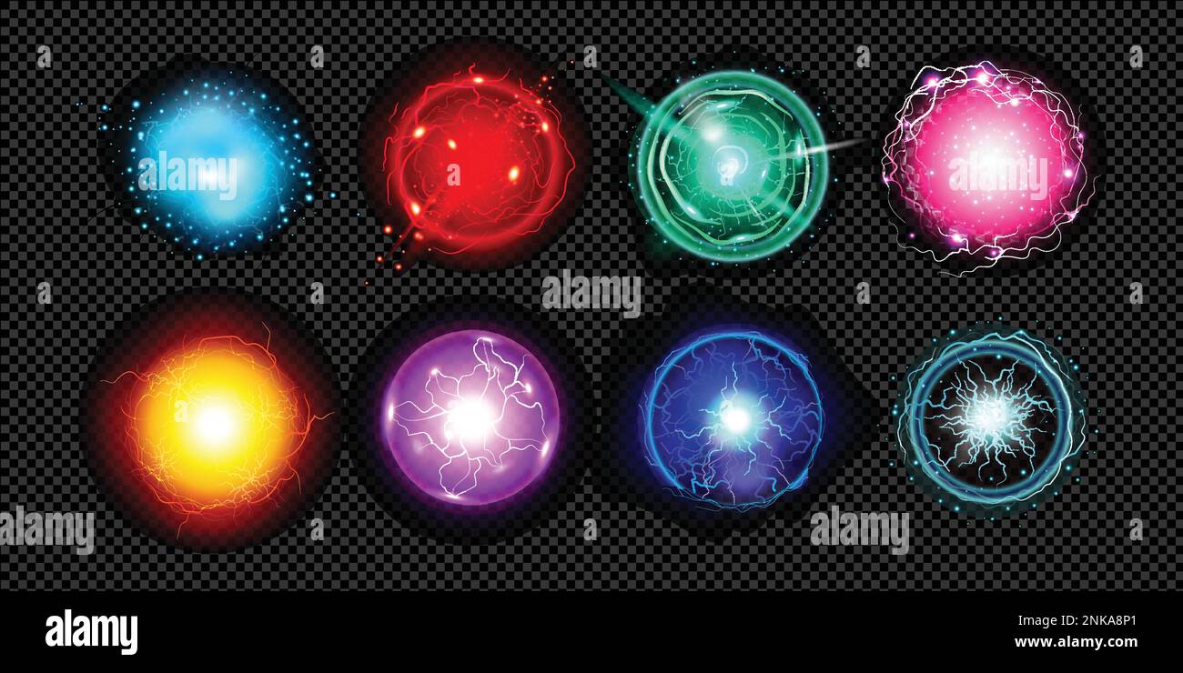 Realistic electric plasma sphere transparent set with isolated colorful ...