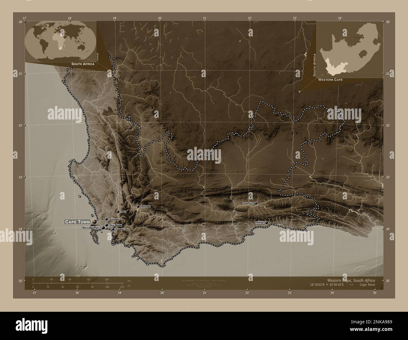 Western Cape, province of South Africa. Elevation map colored in sepia ...