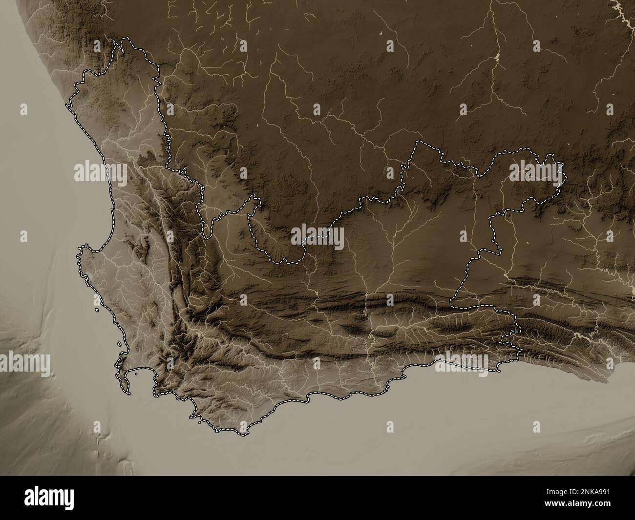 Western Cape, province of South Africa. Elevation map colored in sepia ...