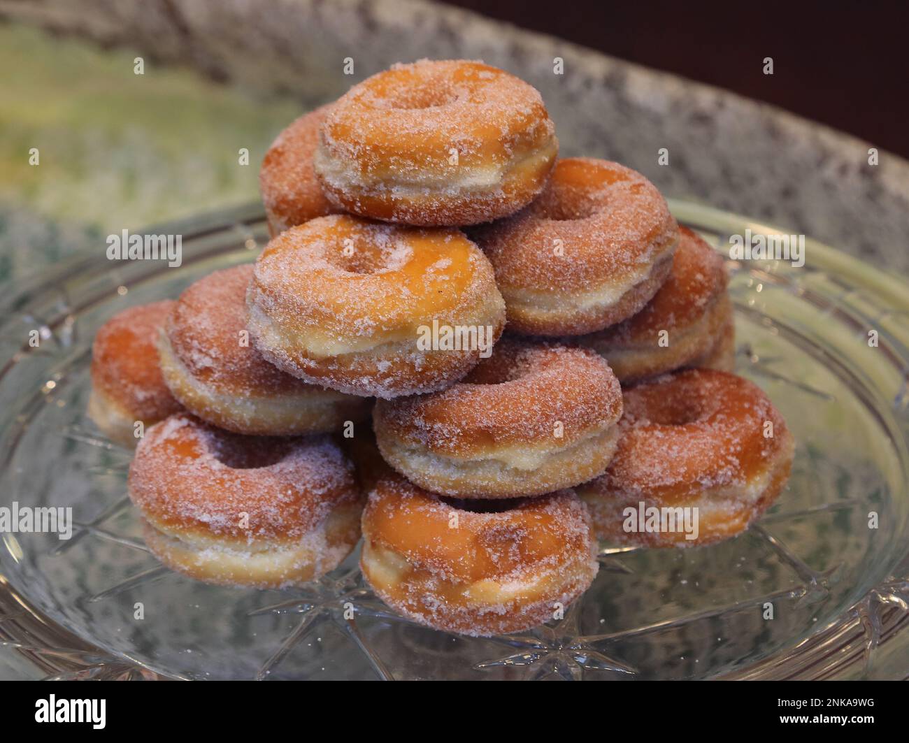 Pile of many sugared donuts in the showcase of the pastry shop Stock ...