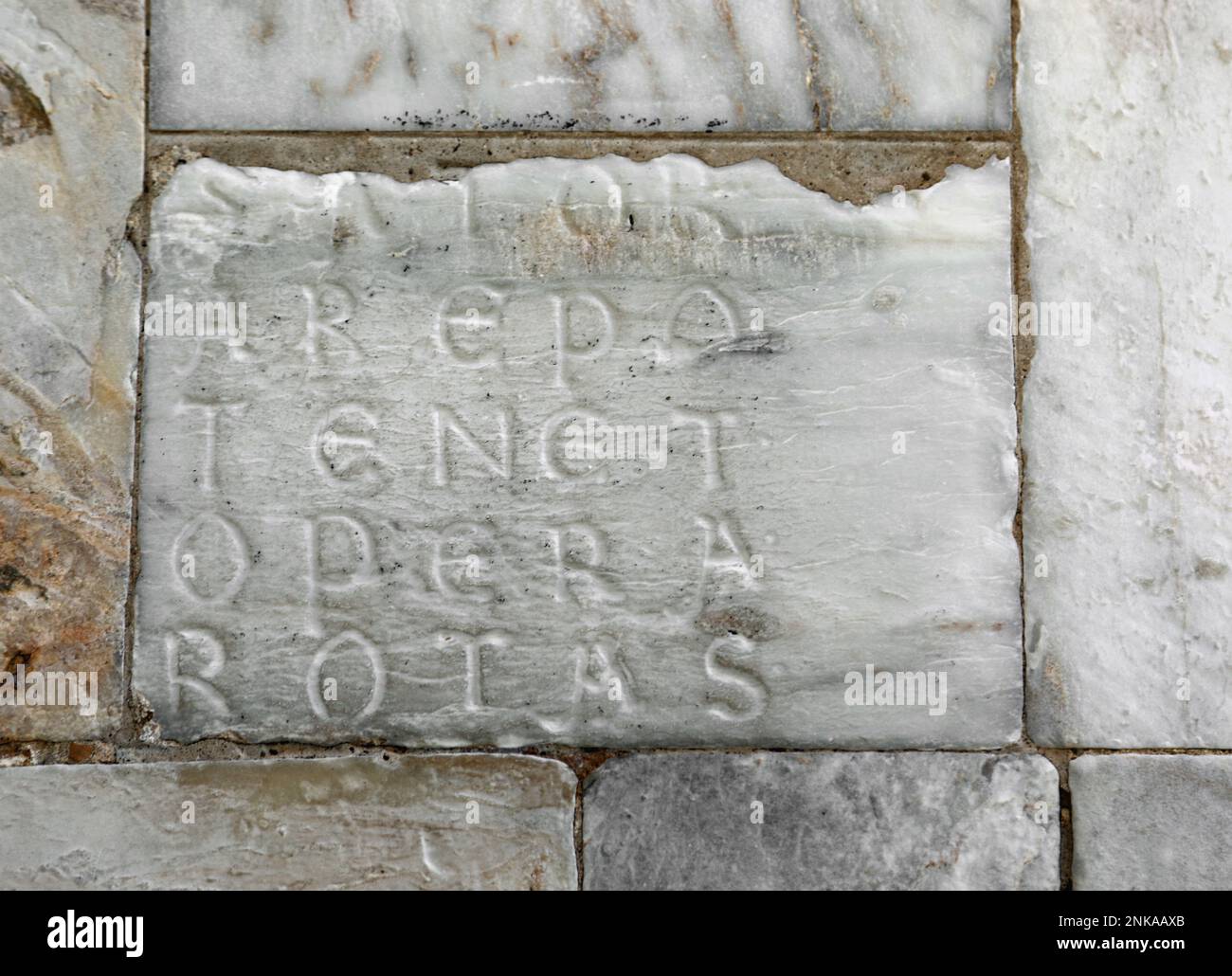 Magic Sator Square with palindrome five words in latin on the stone ...