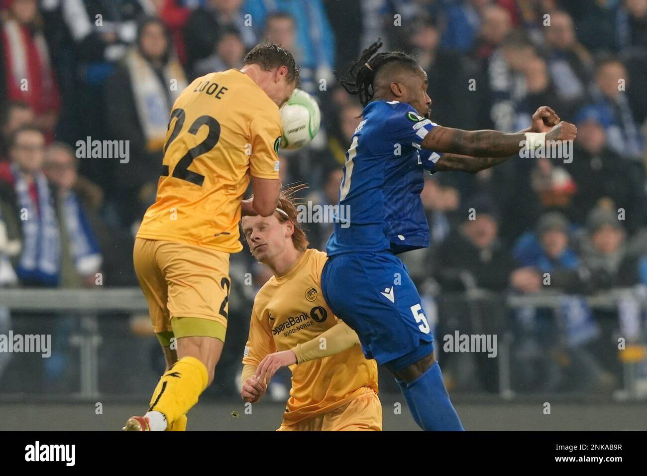 Lech's Adriel D'Avila Ba Loua, right, challenges for the ball with Bodo ...