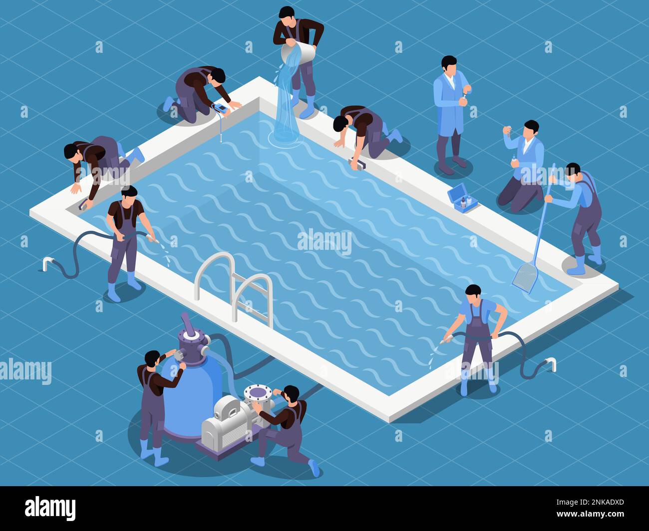 Swimming pool maintenance service isometric composition with ...