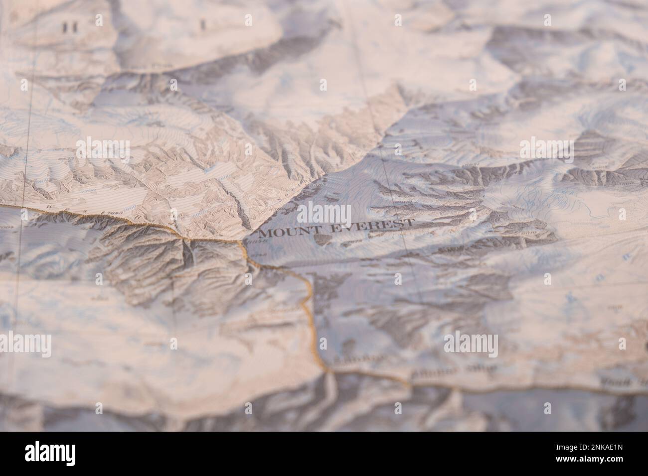 Selective focus close up of map detail Mt. Everest topographical map ...