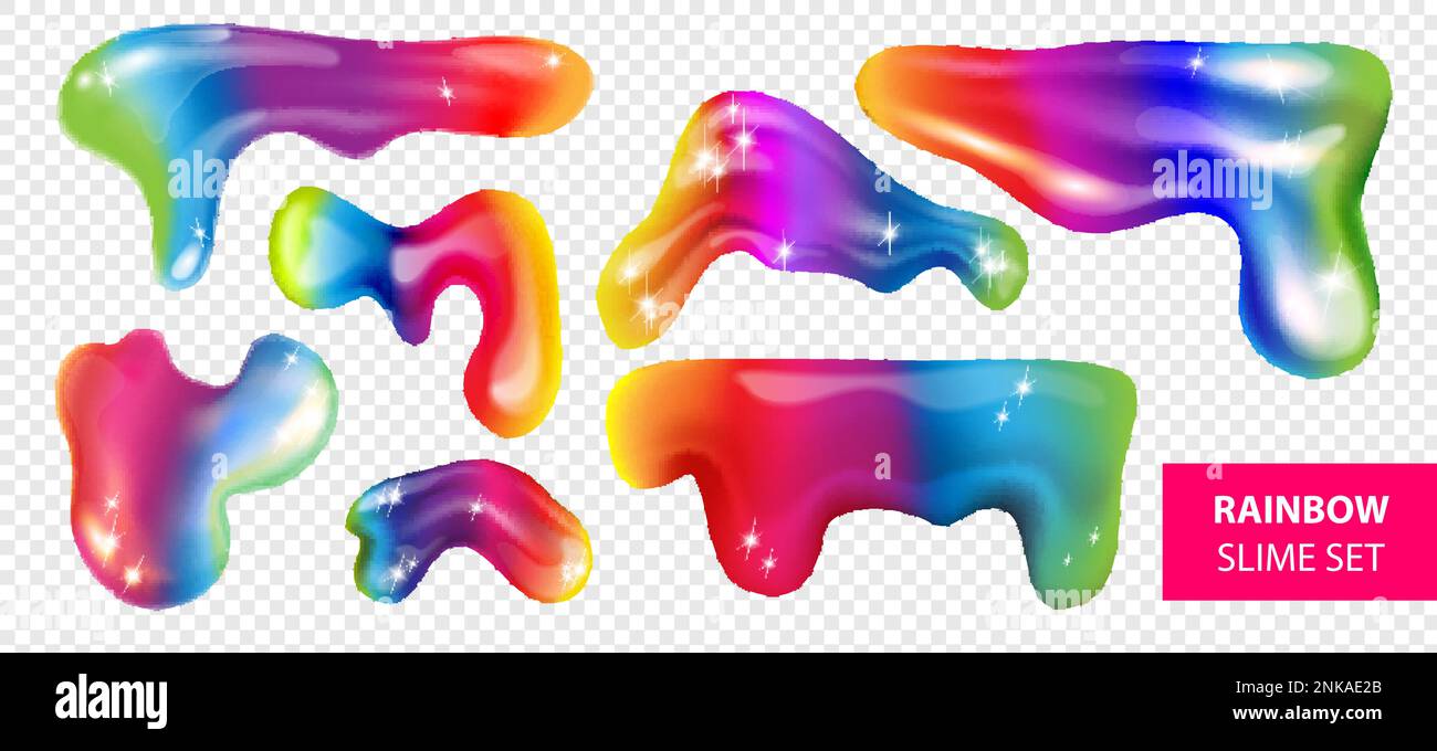 Realistic rainbow glitter slime set with isolated curvy blots of ...