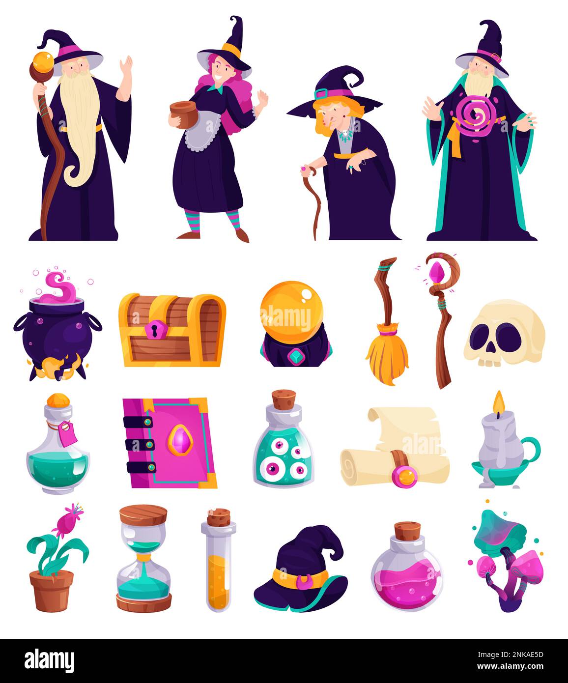 Magic cartoon icons set with wizard and witch accessories isolated ...