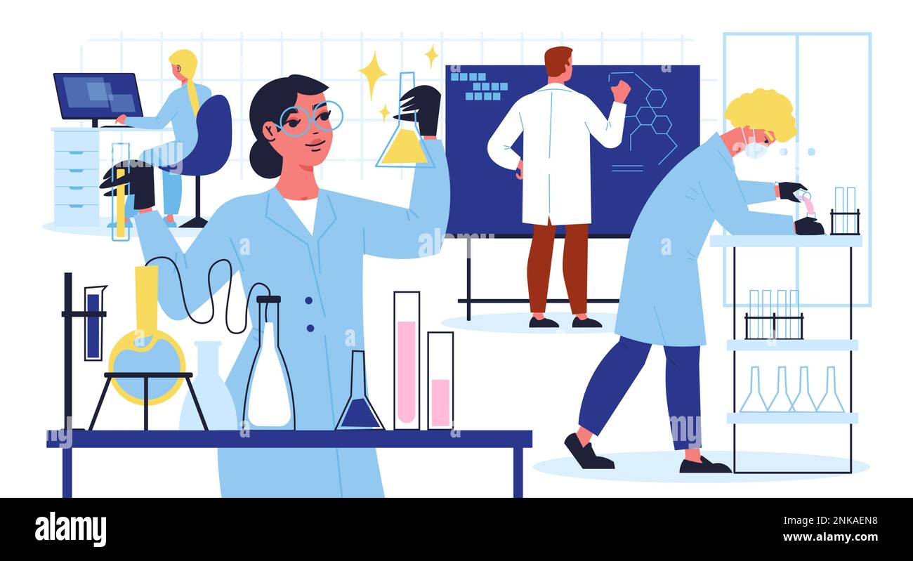 Scientific laboratory flat composition with researcher making ...