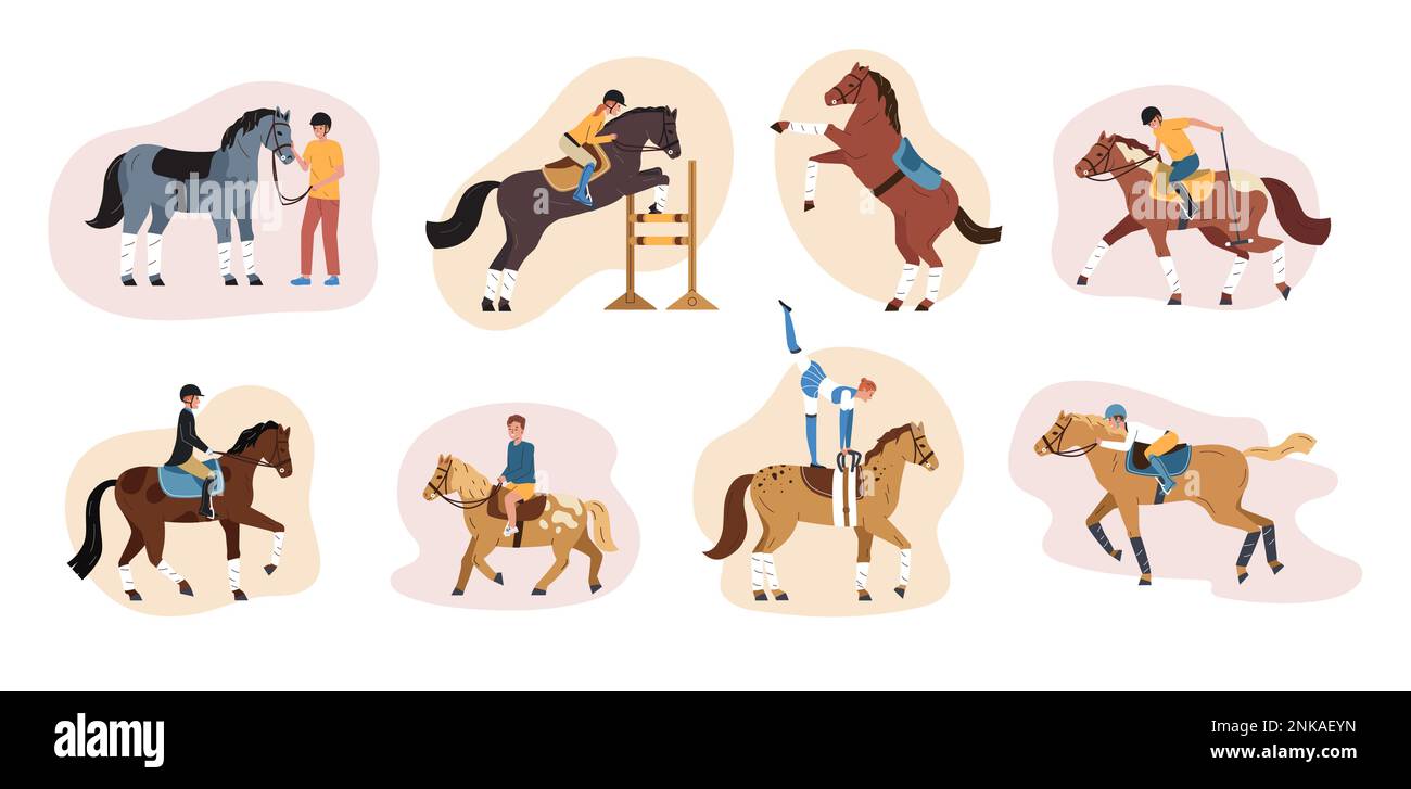 Horse equestrian sport flat color set with horseback riding people ...