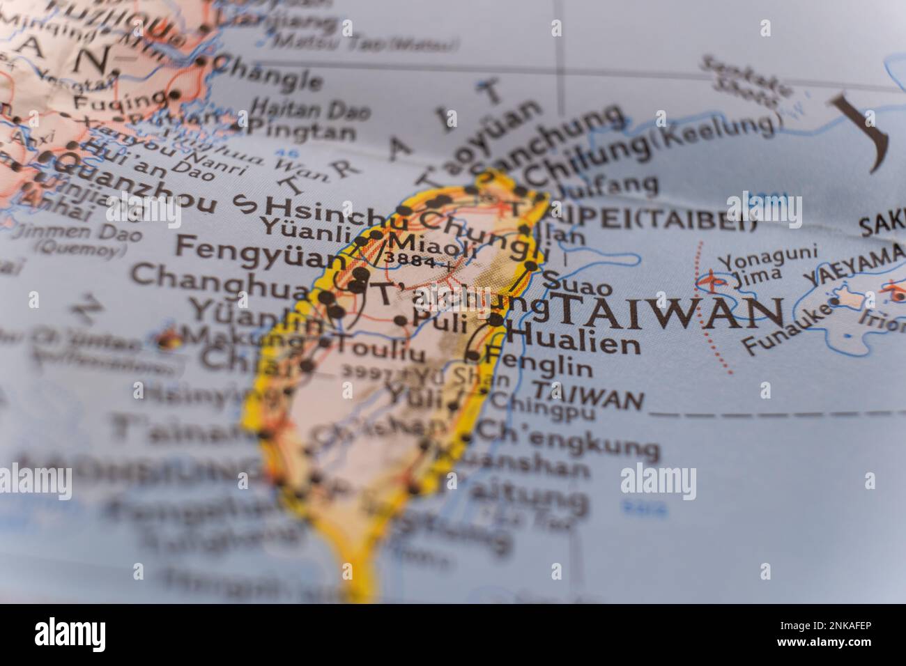 Close up of Taiwan on colorful map with selective focus, shallow depth ...