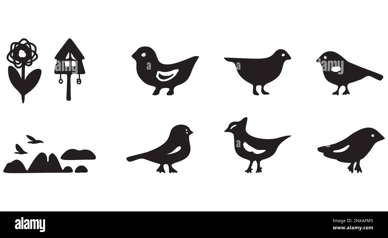 Collection of bird and yard vector illustration. Set of naive hand ...