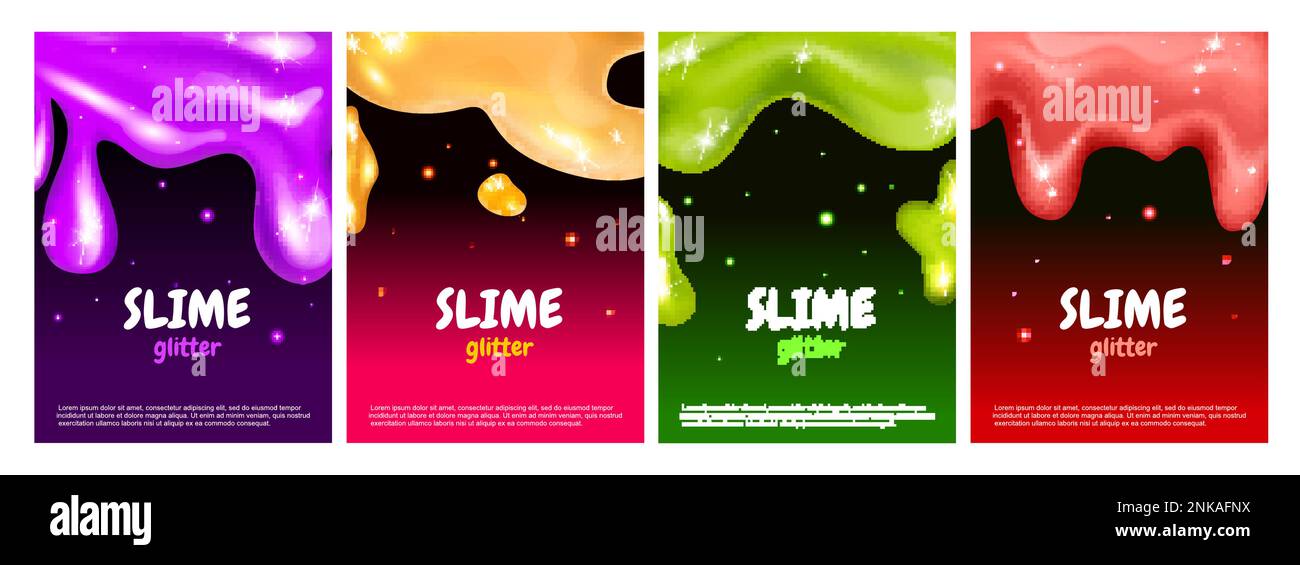 Realistic glitter slime poster set with four vertical backgrounds ...