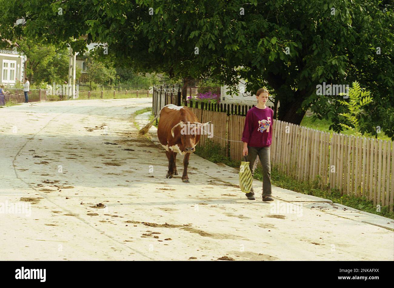 Suceava County, Romania, 2001. Young woman walking on the street ...