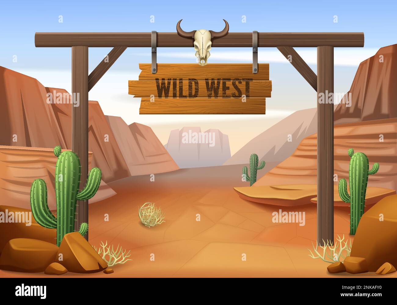 Wild west cartoon composition with outdoor scenery cacti trees and ...