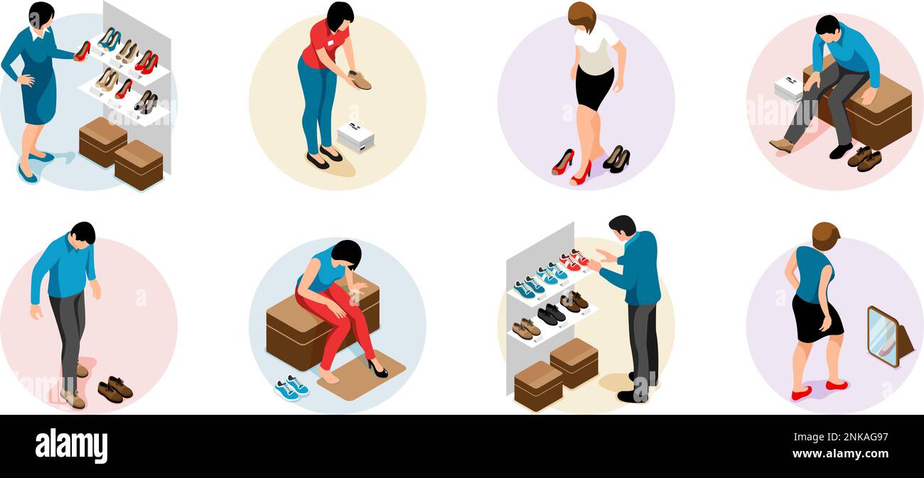 Isometric shoe store concept set with people choosing trying and buying ...