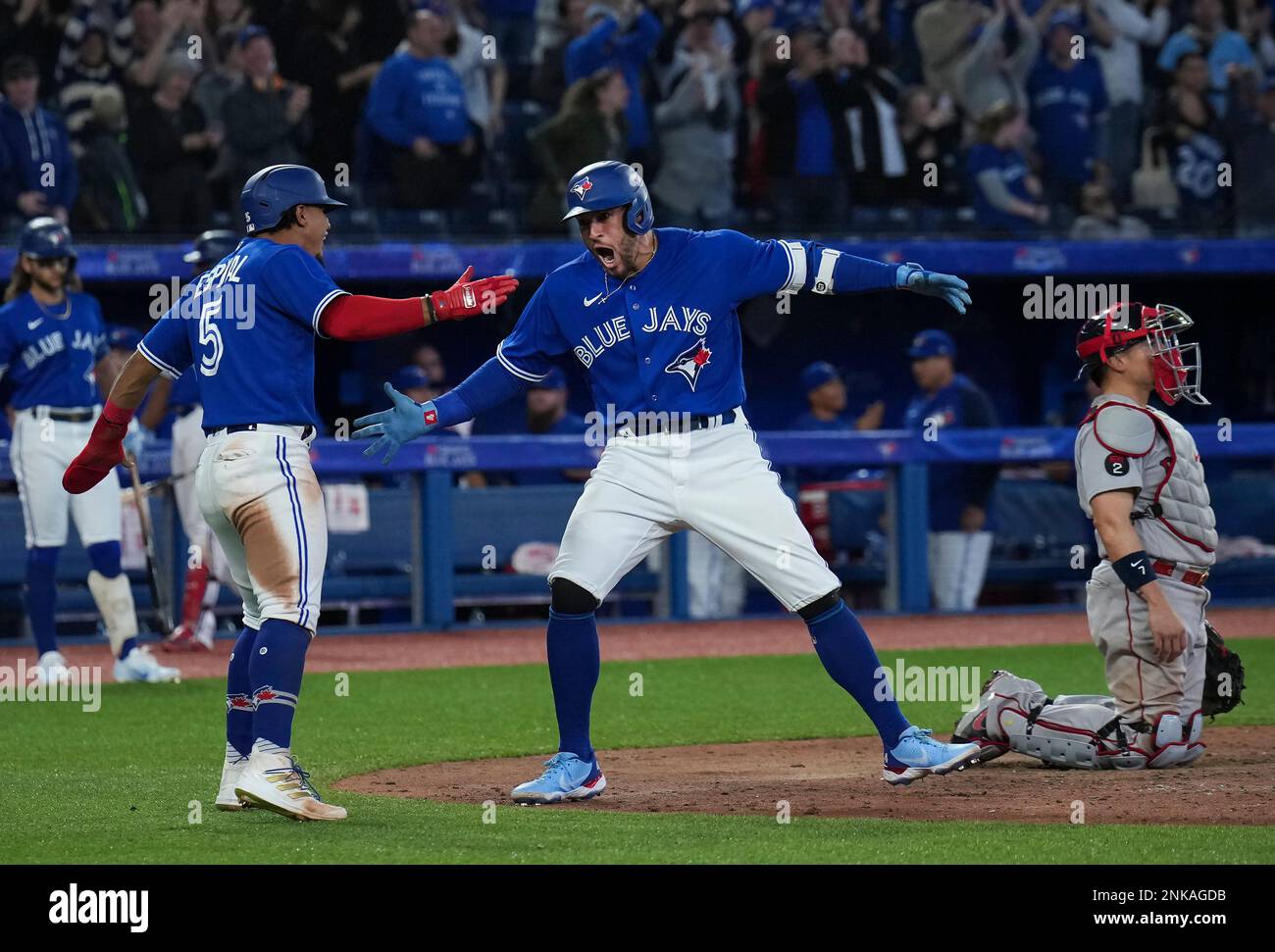 Toronto Blue Jays center fielder George Springer (4) reacts with ...