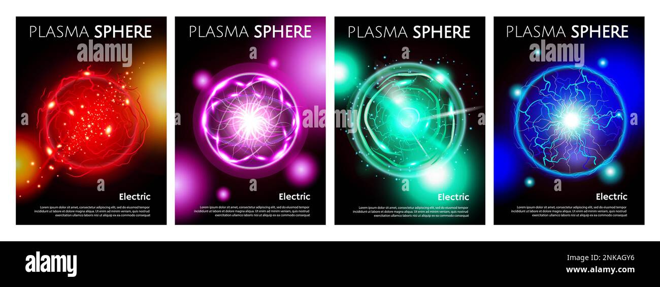Realistic electric plasma sphere poster set with four isolated vertical backgrounds with ...