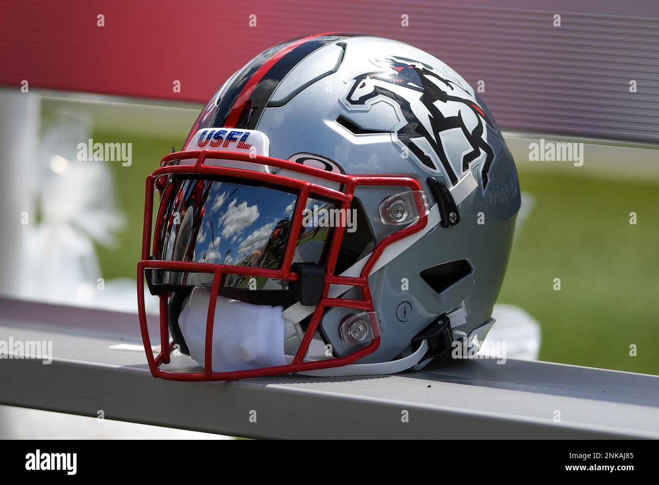 BIRMINGHAM, AL - APRIL 24: A Tampa Bay Bandits helmet on a bench during ...