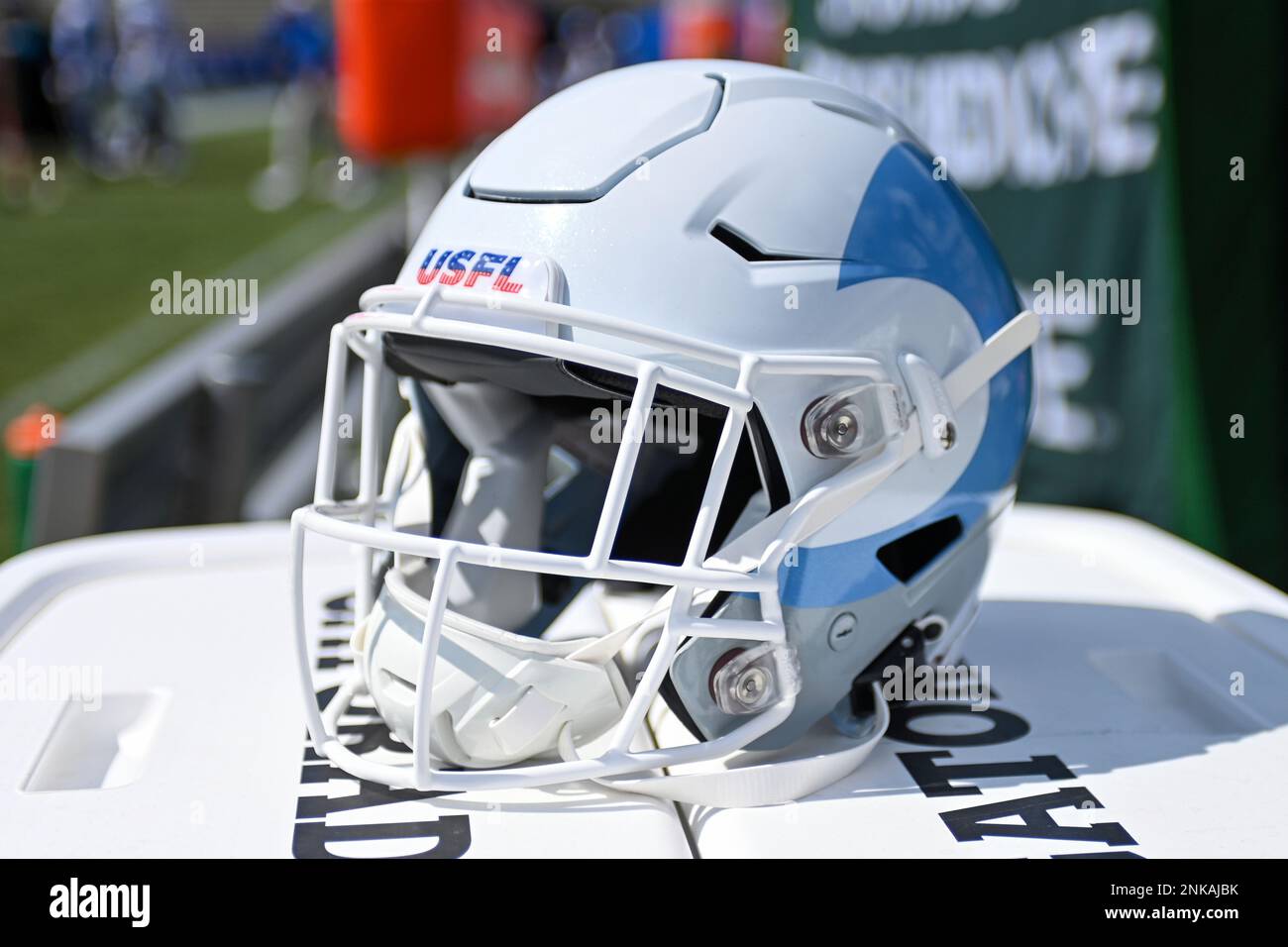 BIRMINGHAM, AL - APRIL 24: A New Orleans Breakers helmet sits on top of ...