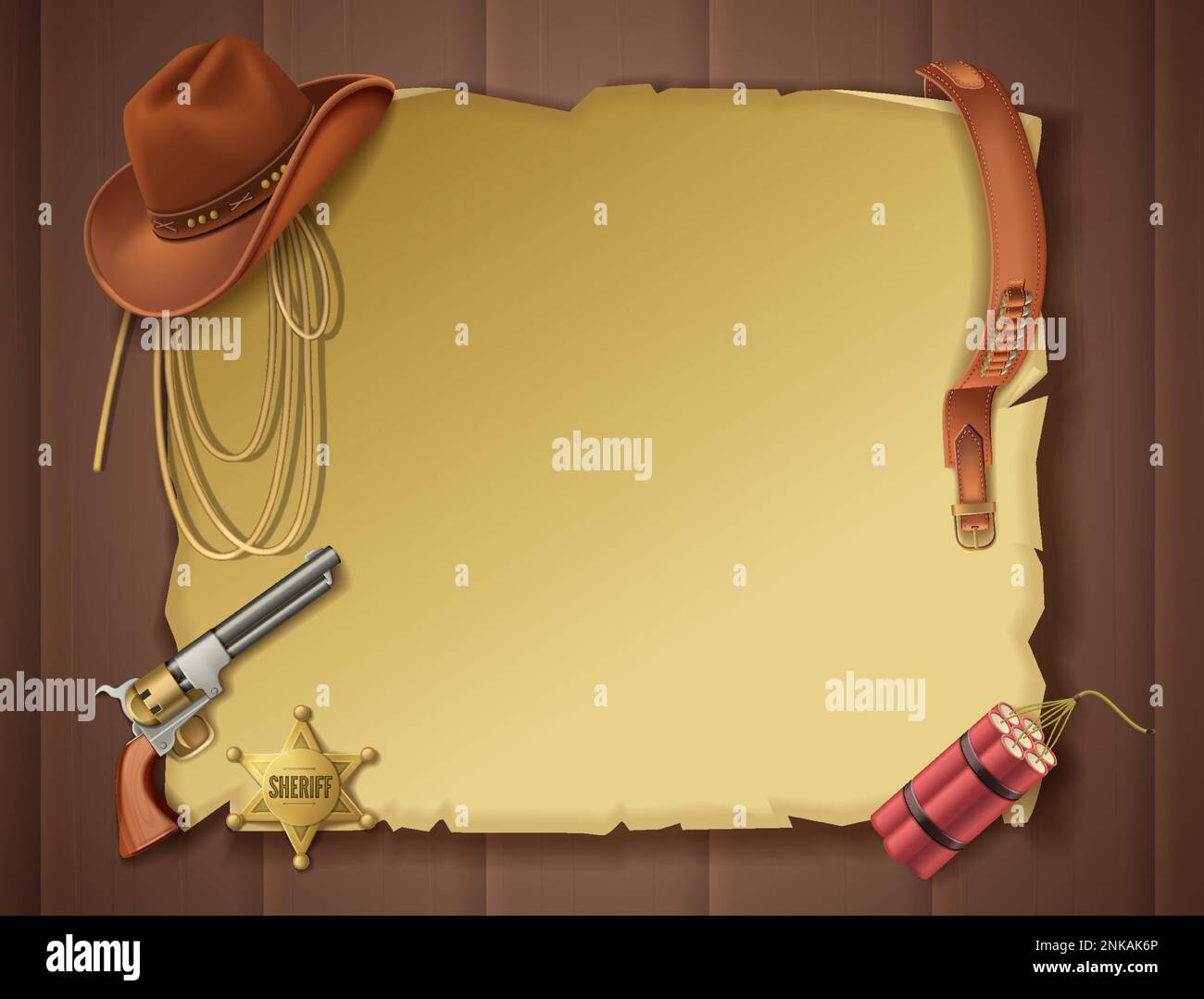 Wild west cartoon composition with top view of empty sheet with cowboy ...