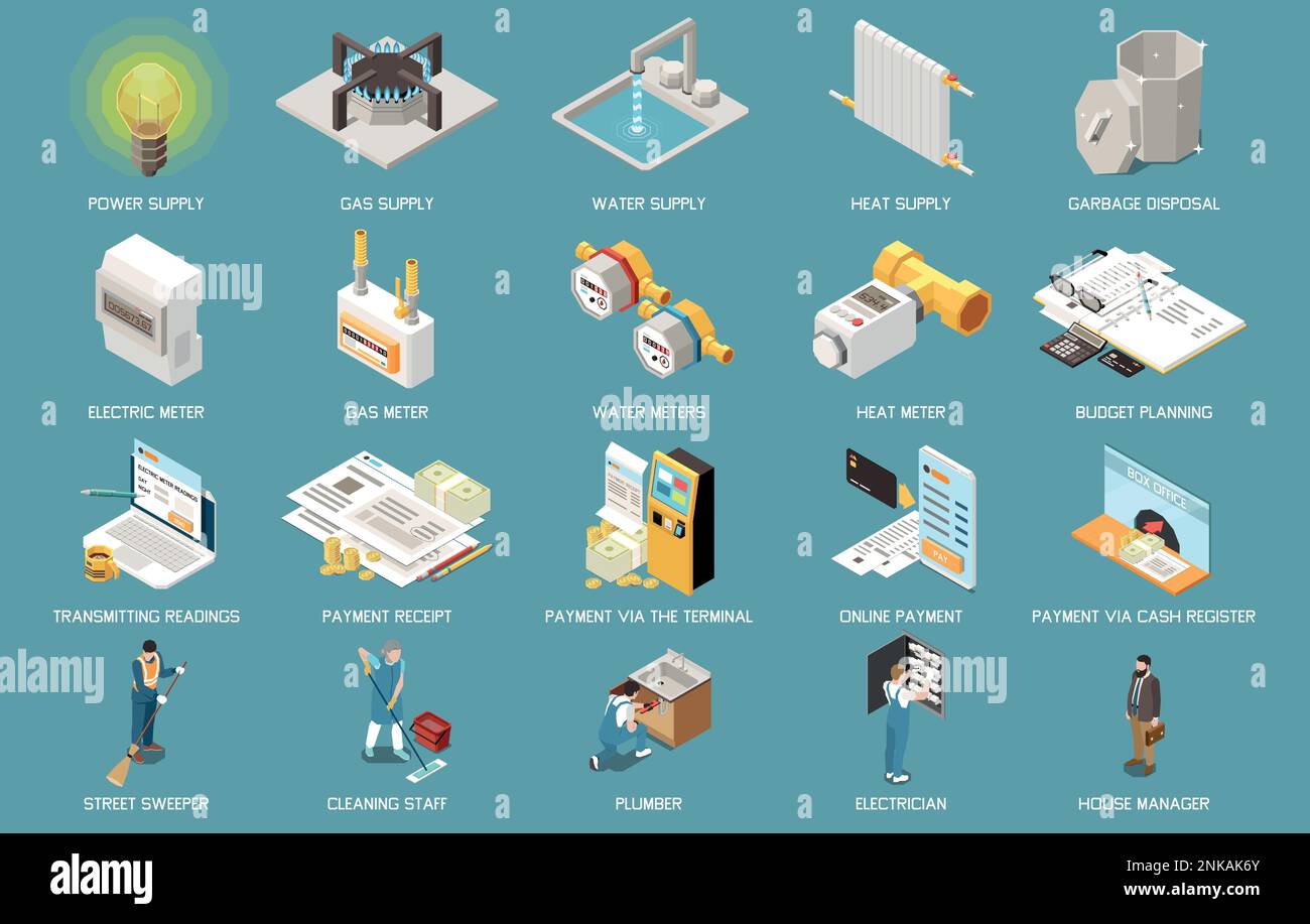 Utility expences isometric icons set with bills and payments isolated ...