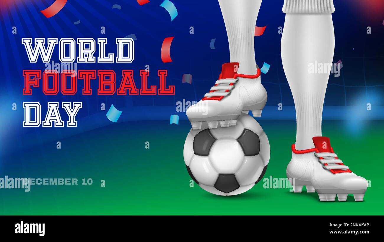 World football day horizontal poster with sportsman legs and ball on ...