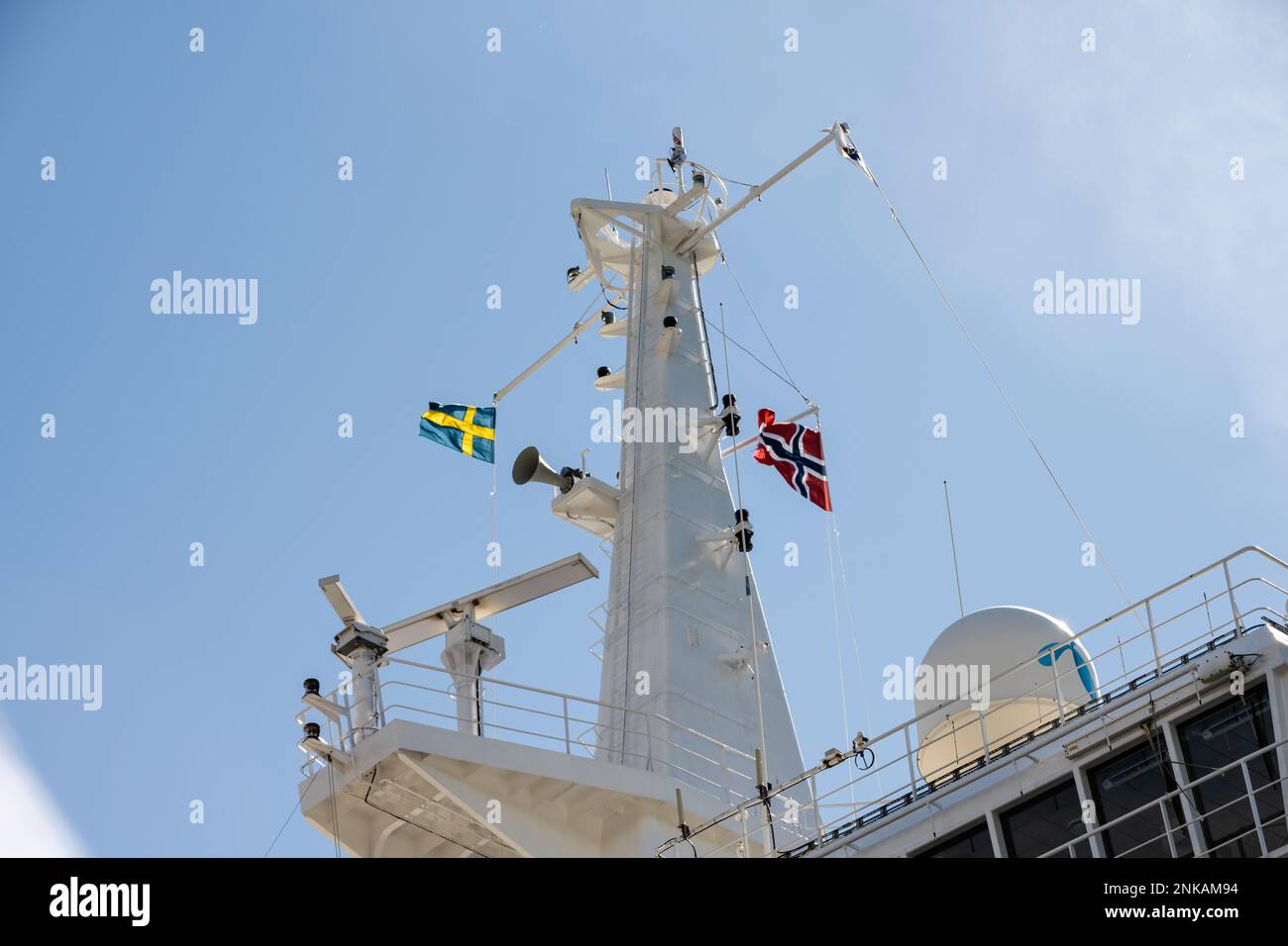 Sandefjord, Norway - August 10 2022: Radars lanterns and flags on the ...