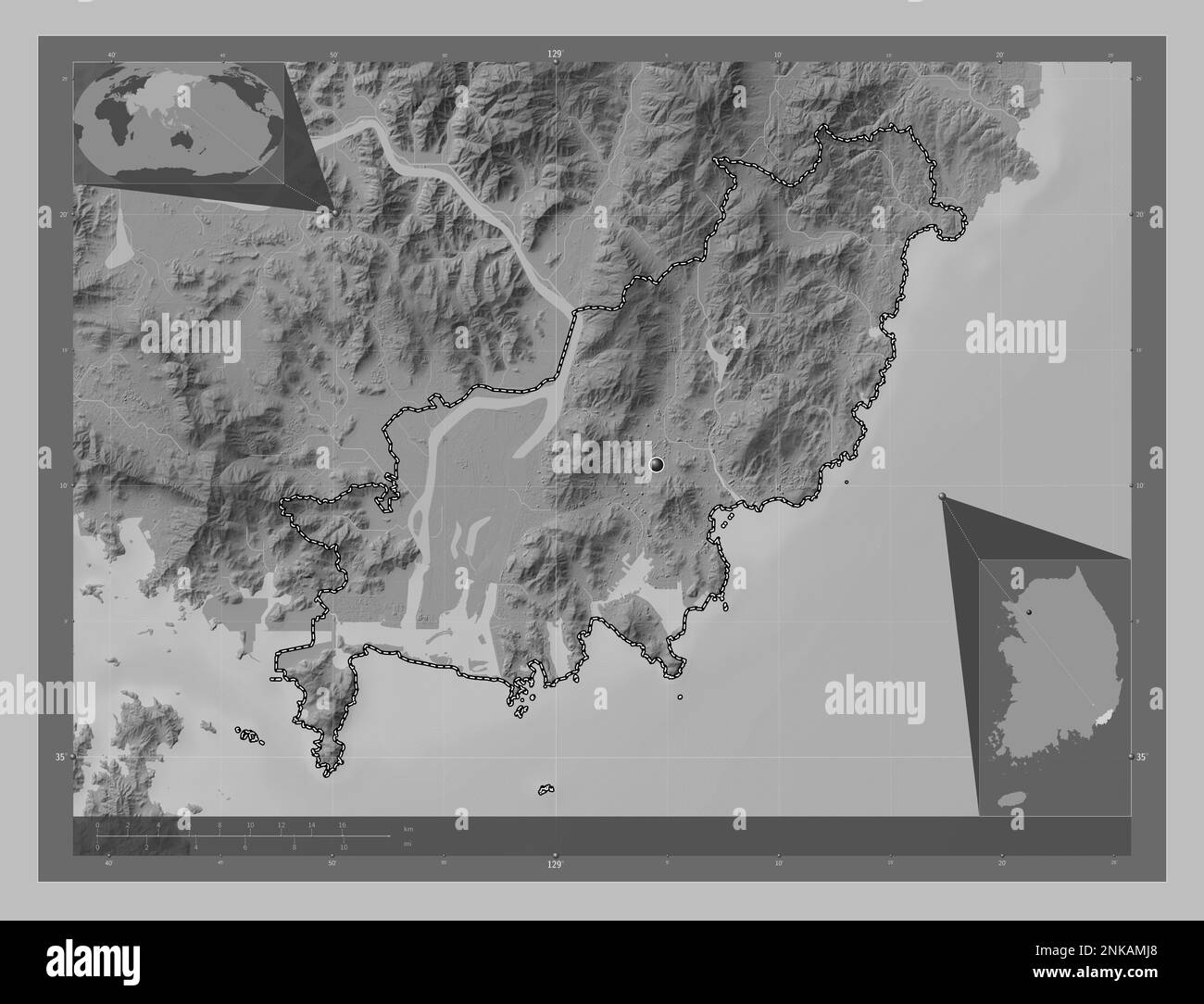 Busan, metropolitan city of South Korea. Grayscale elevation map with ...
