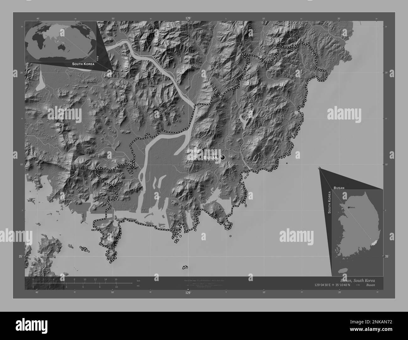 Busan, metropolitan city of South Korea. Bilevel elevation map with ...