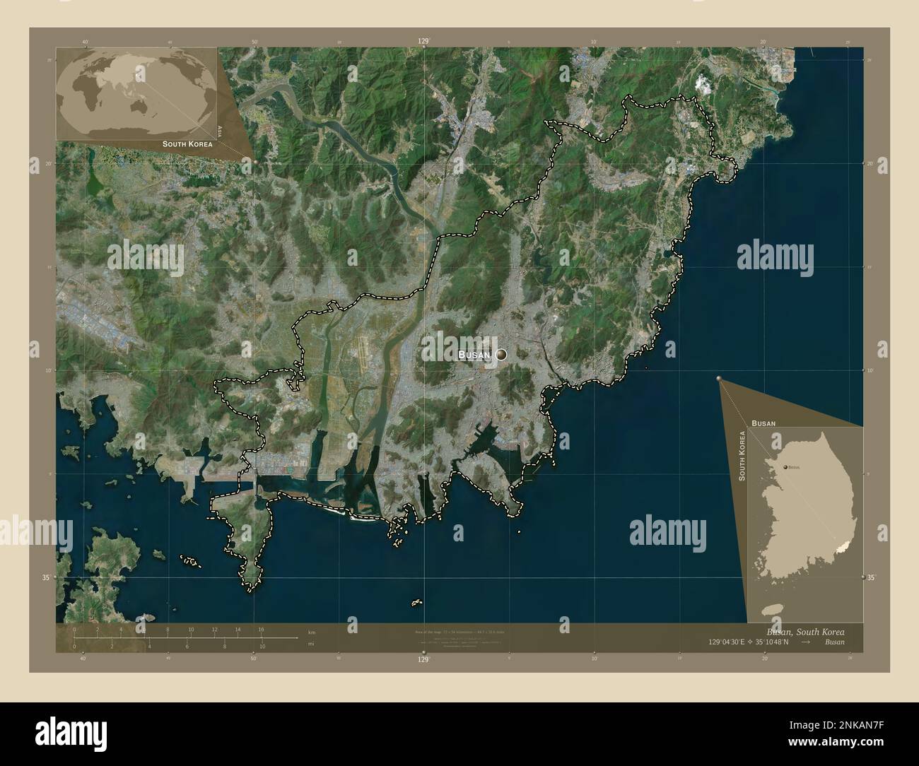 Busan, metropolitan city of South Korea. High resolution satellite map ...