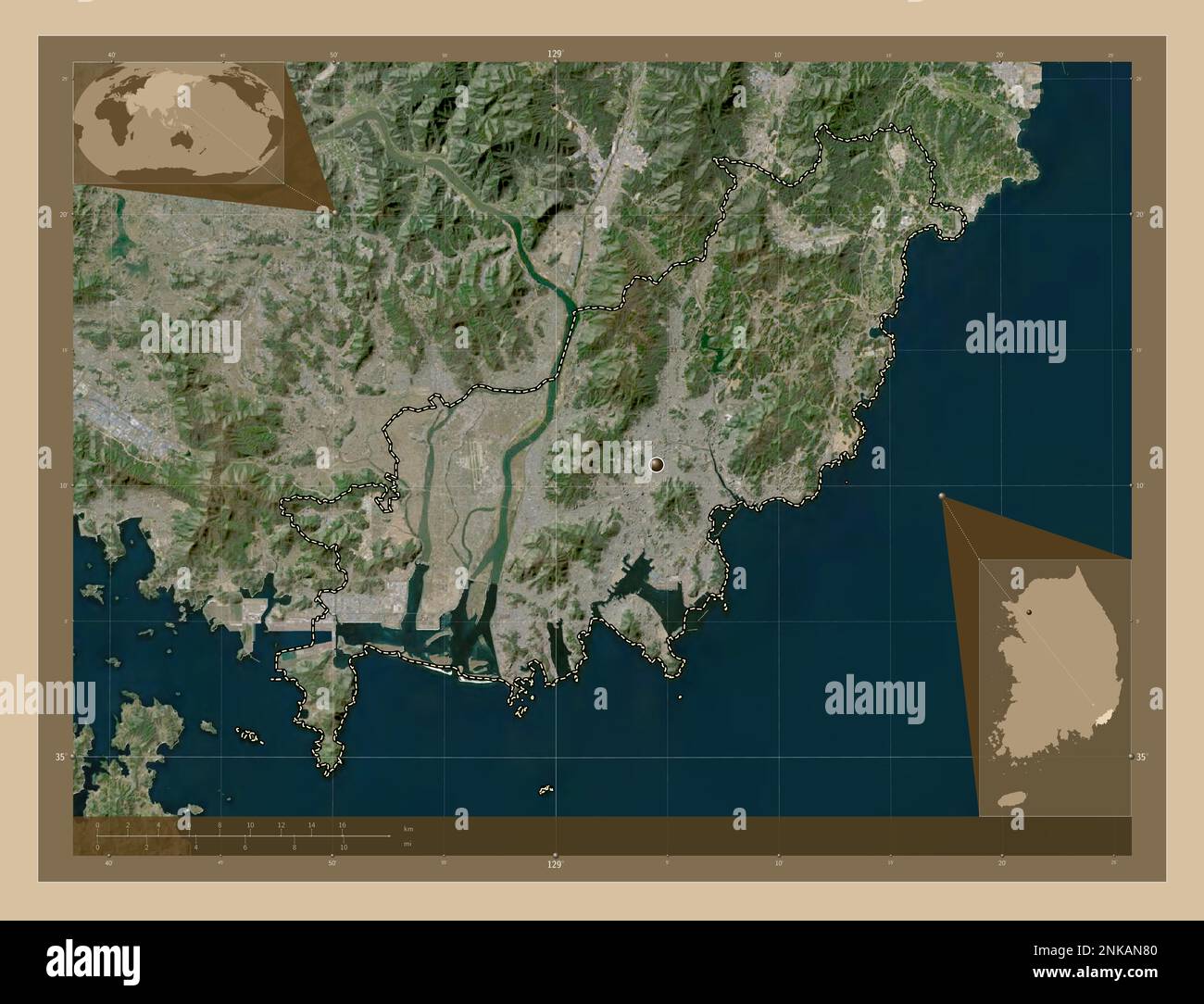 Busan, metropolitan city of South Korea. Low resolution satellite map ...