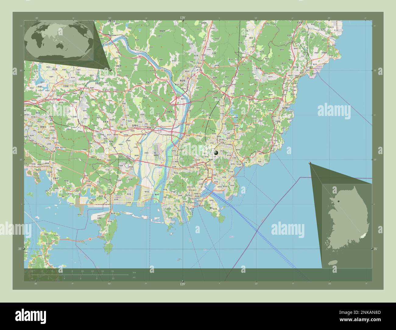 Busan, metropolitan city of South Korea. Open Street Map. Locations of ...