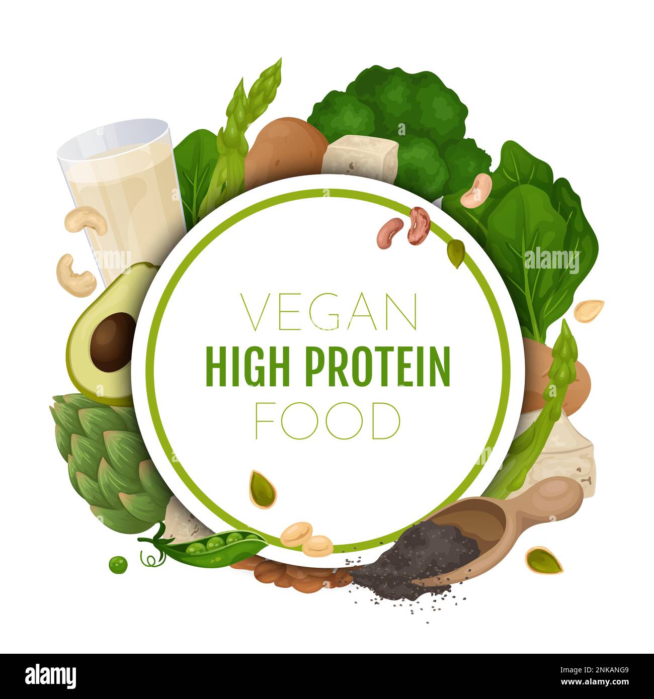 Vegan protein food frame composition with editable text in circle ...