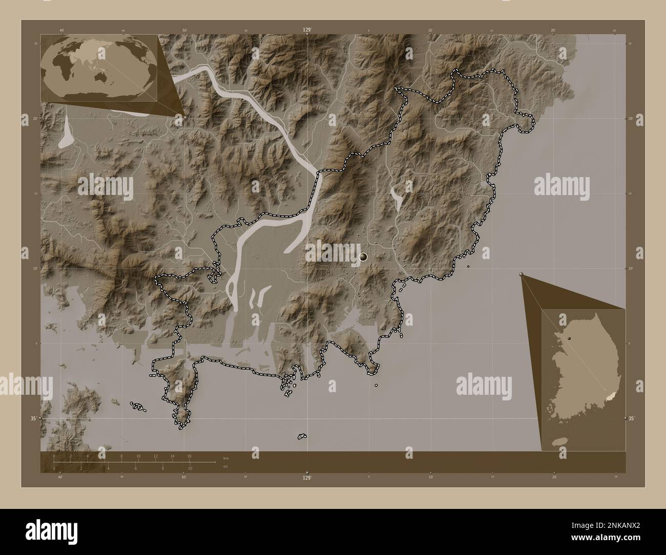 Busan, metropolitan city of South Korea. Elevation map colored in sepia ...