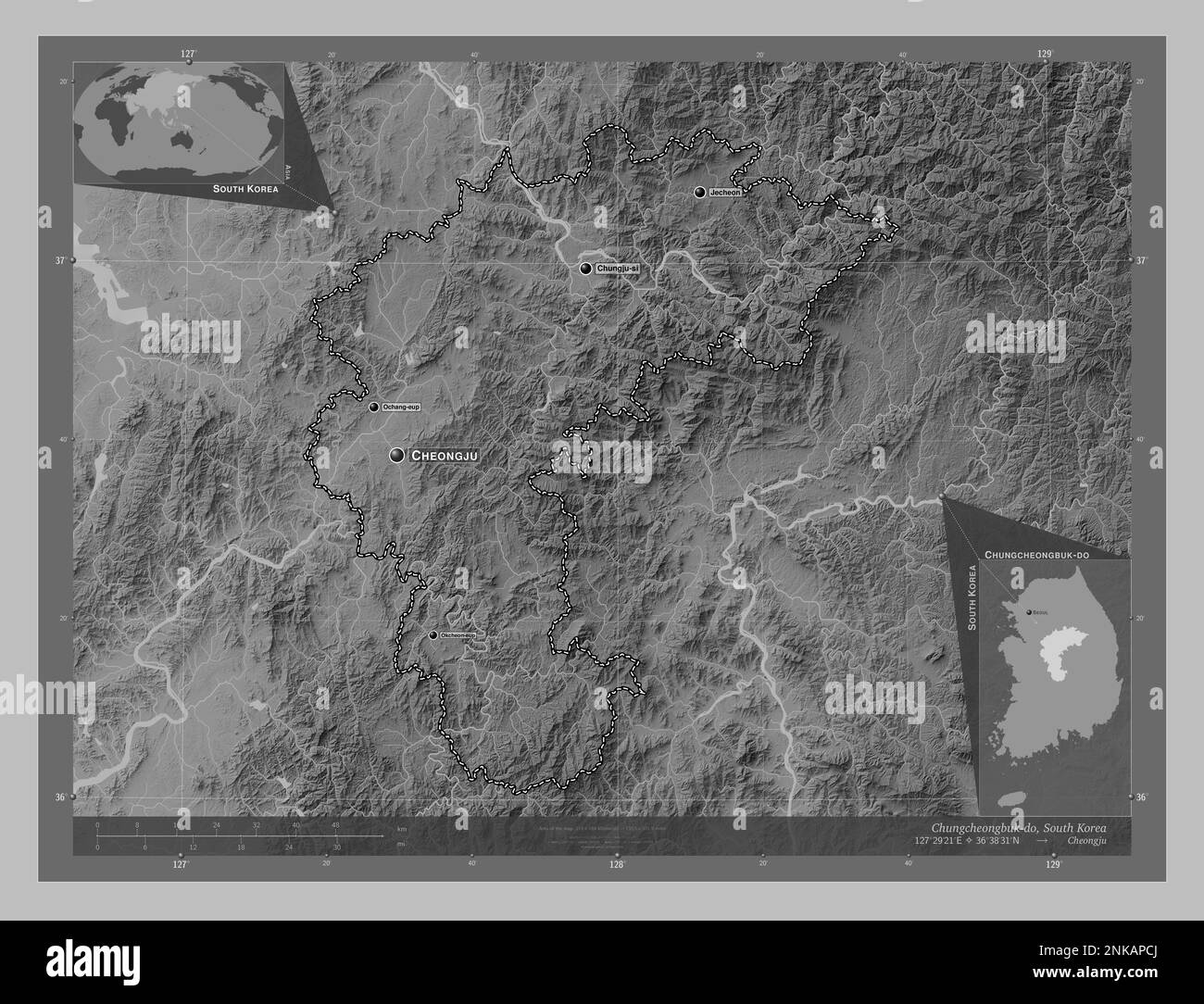Chungcheongbuk-do, province of South Korea. Grayscale elevation map ...