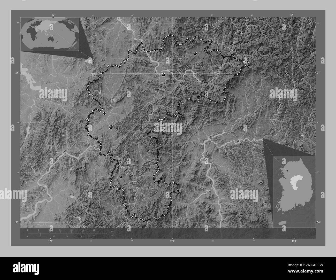 Chungcheongbuk-do, province of South Korea. Grayscale elevation map ...