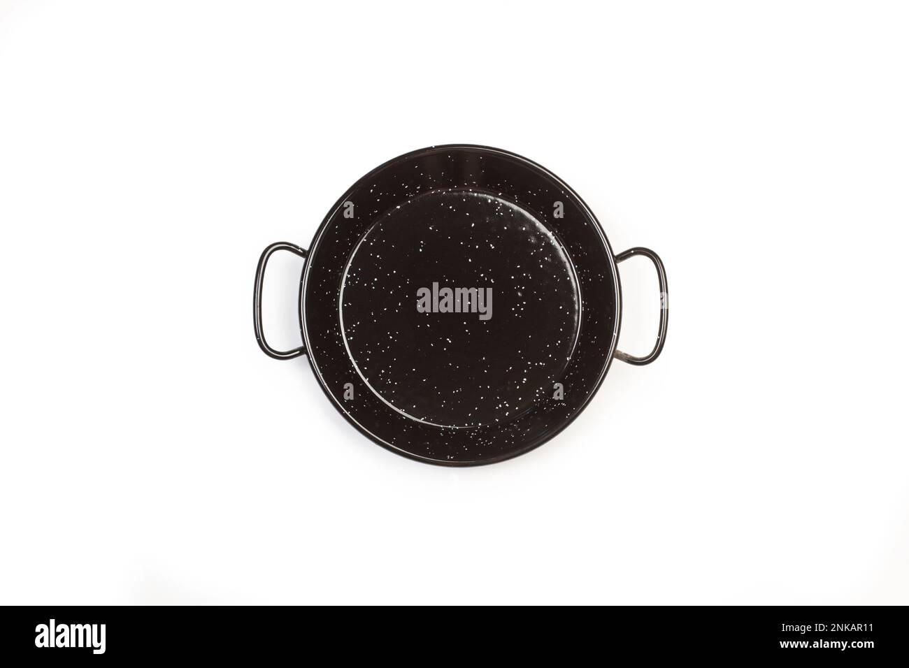 A frying pan with two handles isolated on a white background in a top ...