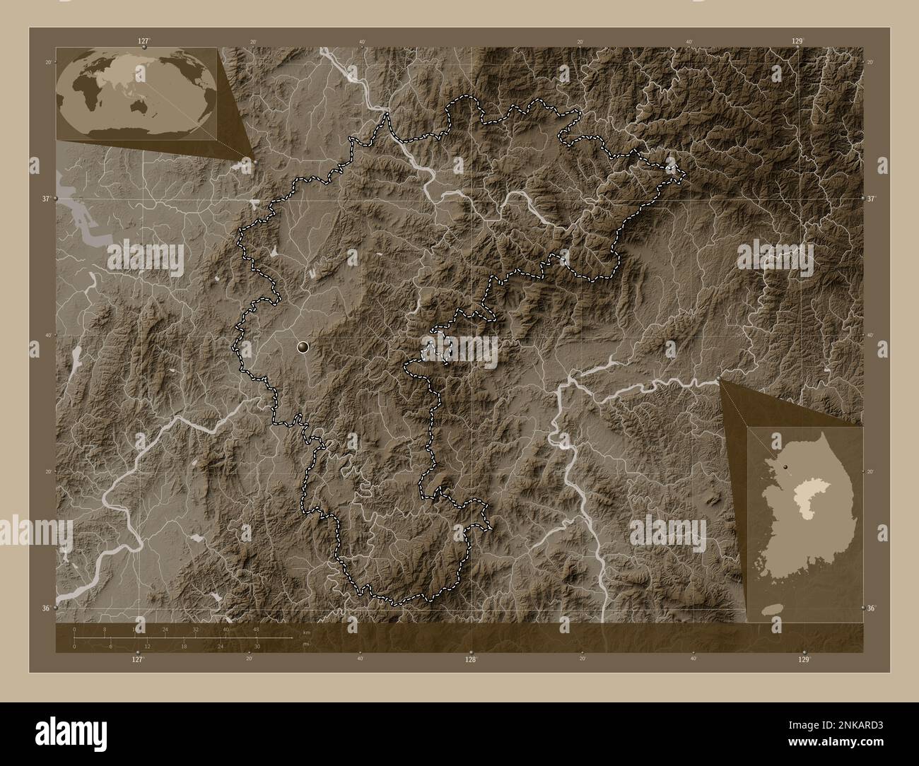 Chungcheongbuk-do, province of South Korea. Elevation map colored in ...