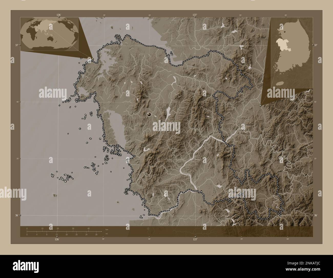 Chungcheongnam-do, province of South Korea. Elevation map colored in ...